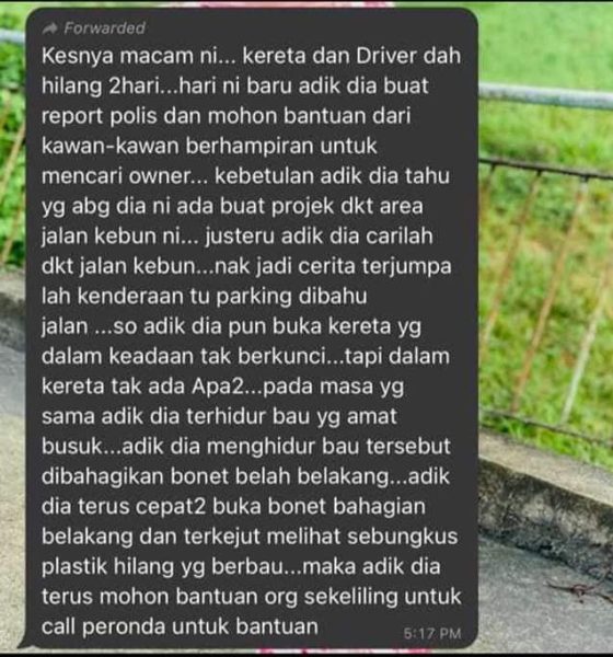 Terhidu bau busuk, adik terkejut jumpa mayat abang dalam bonet kereta
