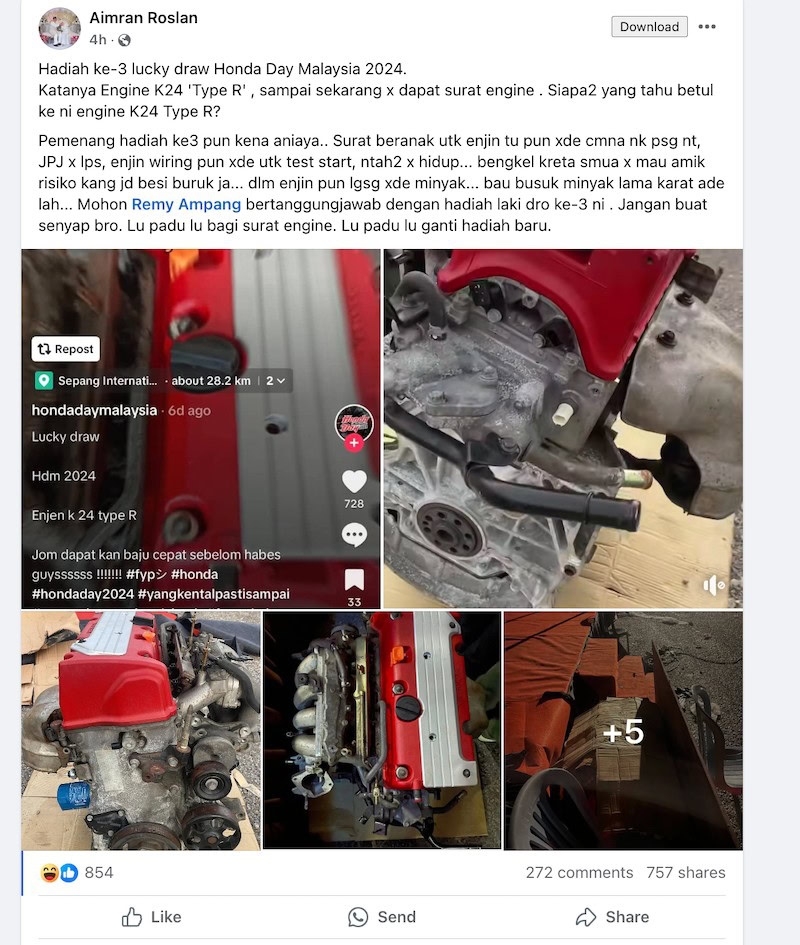 Pemenang ketiga Honda Day pula dakwa dianiaya, belum terima surat enjin ...