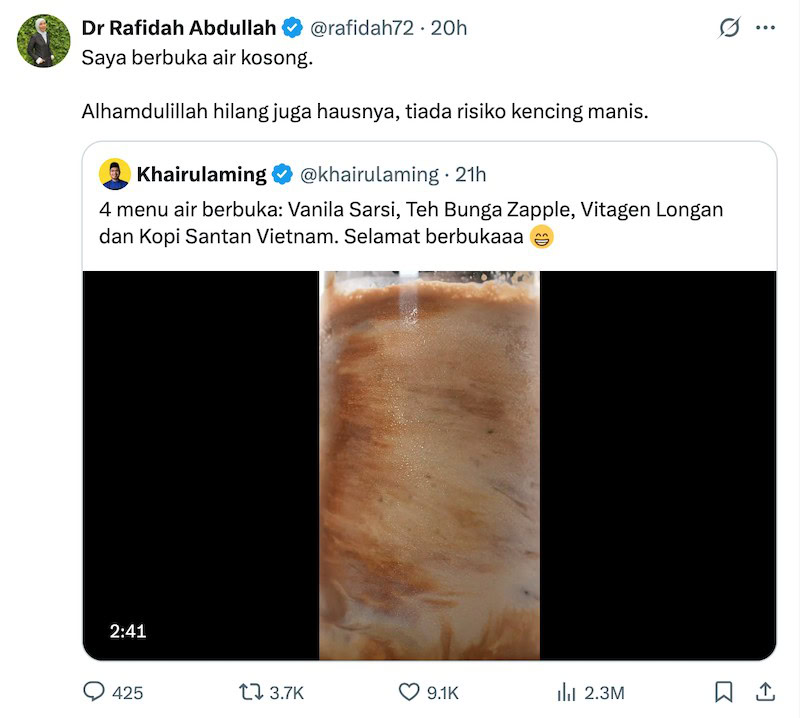 Khairul Aming kongsi menu minuman manis, Dr Rafidah bersuara - "Saya ...