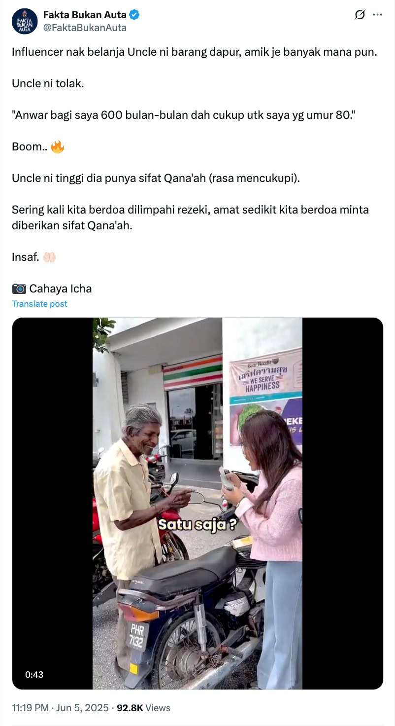 Pak Cik Tolak Duit Influencer, Bantuan Kerajaan Dah Cukup - “PM Anwar ...