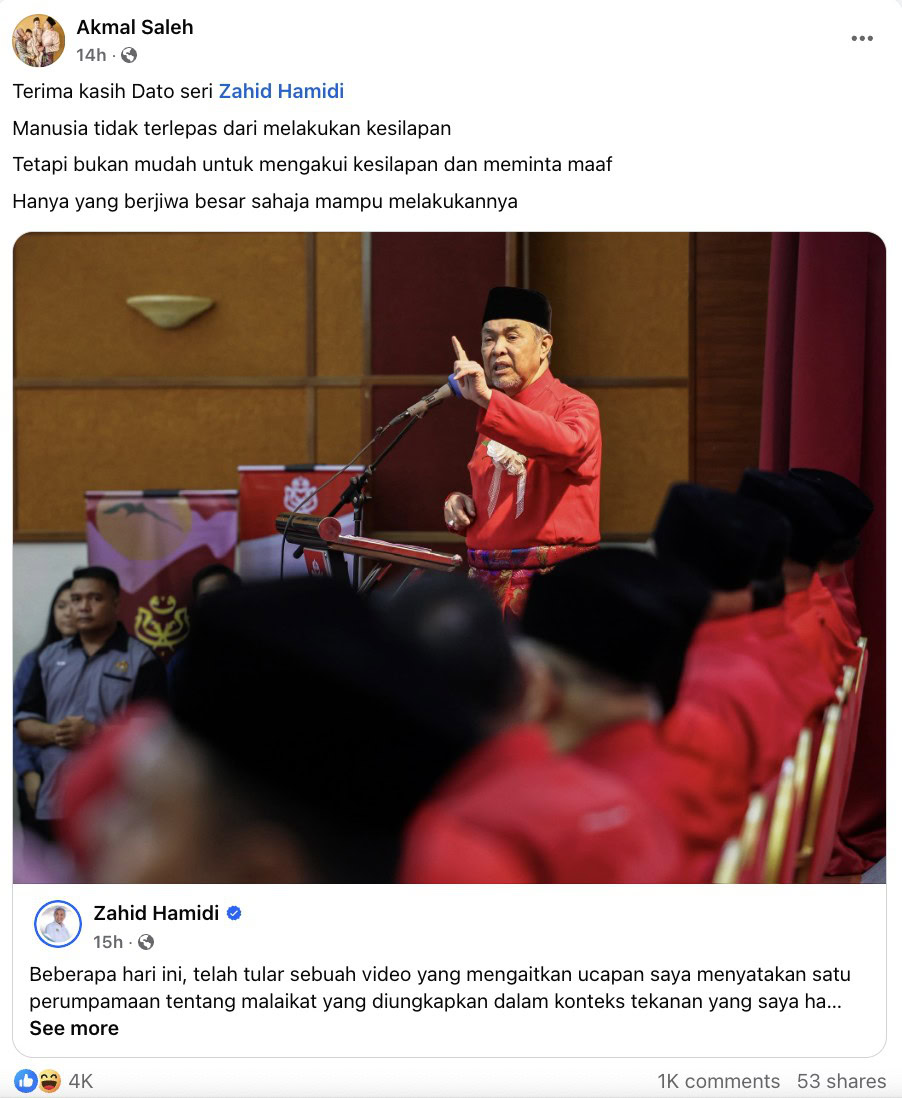 Akmal Saleh puji langkah berani Zahid Hamidi, berjiwa besar akui kesilapan
