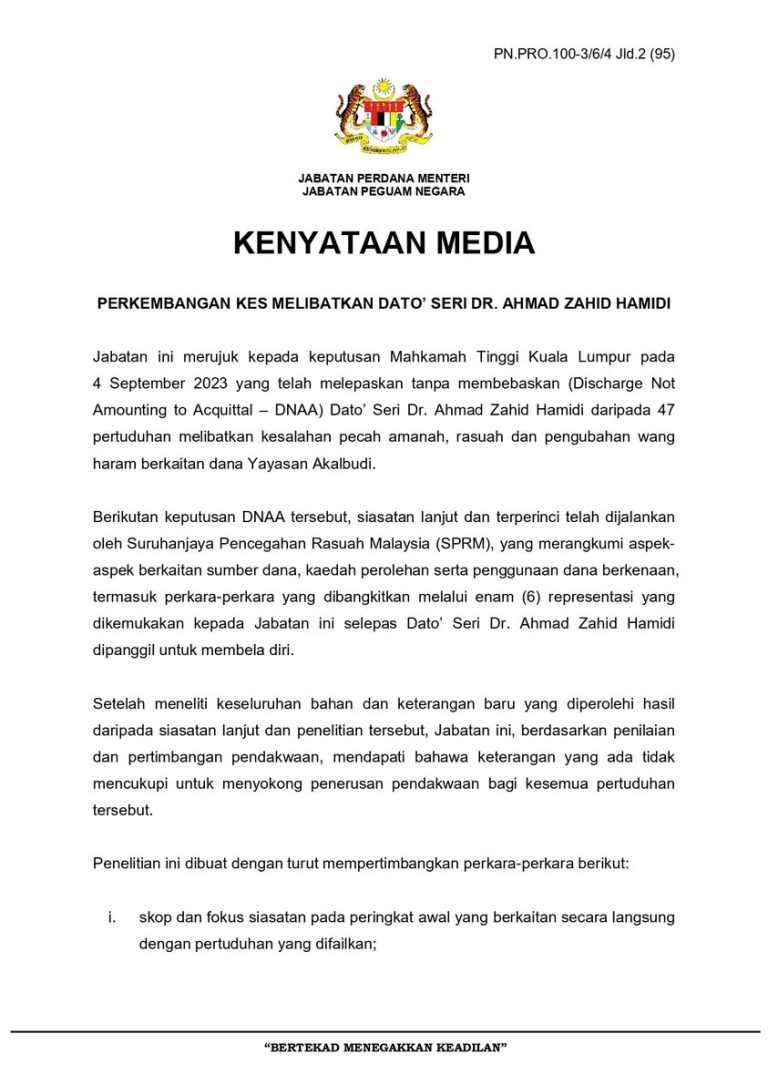 Kes rasuah babit Ahmad Zahid berakhir, AGC sahkan NFA terhadap 47 ...